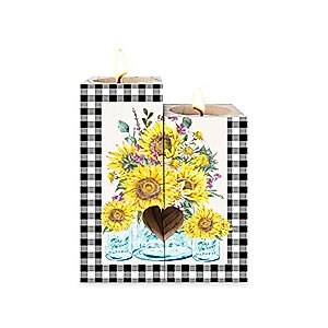 Sunflower Candle Holder with Tea Light, Vintage Wood Tealight Candle Stick Holder Pillar Centerpiece, Heart-Shaped Tall Wooden Tea Light Candle Holders Decor Set Black White Lattice Wild Floral Bottle