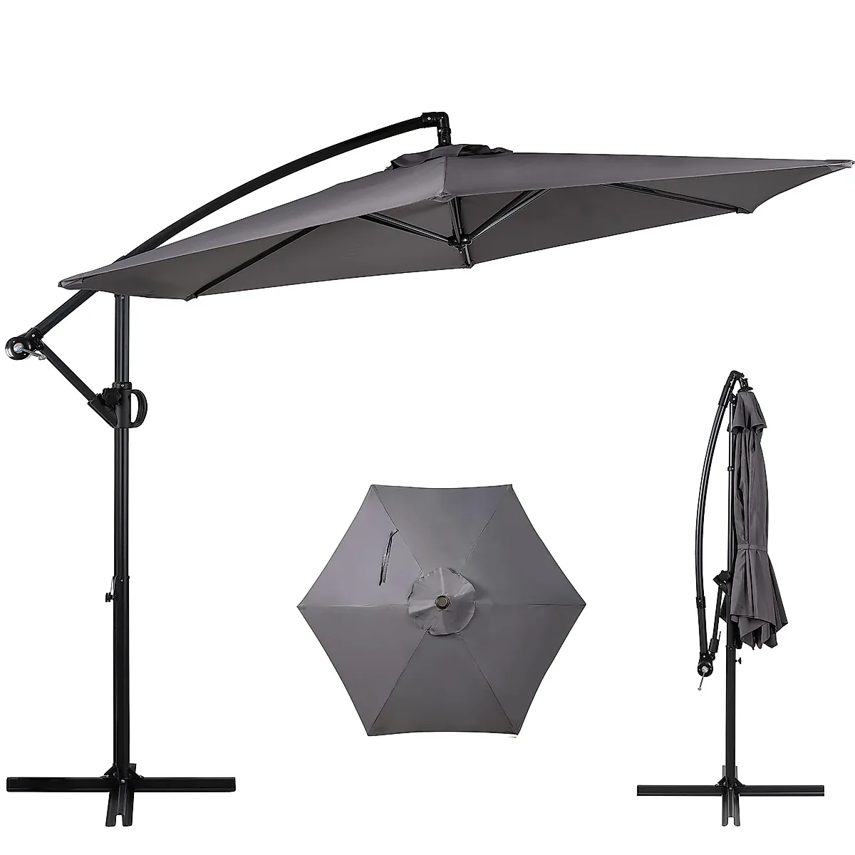 Shintenchi Patio Offset Umbrella with Easy Tilt Adjustment,Crank and Cross Base, Outdoor Cantilever Hanging Umbrella, Sunshade Umbrella Canopy, Dark Gray