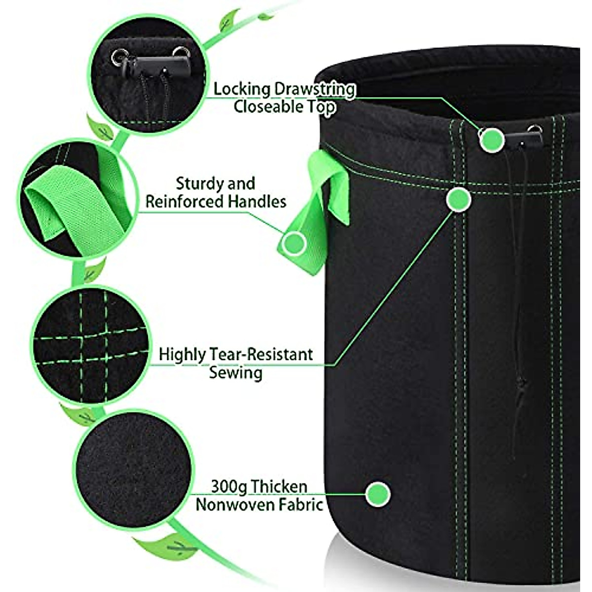 6-Pack 7 Gallon Garden Plant Grow Bags, Double Layer Premium Breathable Nonwoven Fabric Plants Pots with Handles and Shrink String for Vegetables/Fruit/Flowers - Indoor/Outdoor (Black)