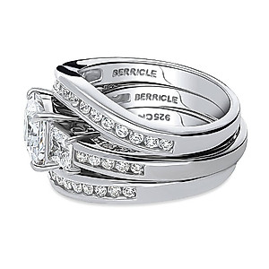 BERRICLE Sterling Silver 3-Stone Wedding Engagement Rings Princess Cut Cubic Zirconia CZ Ring Set for Women, Rhodium Plated Size 7