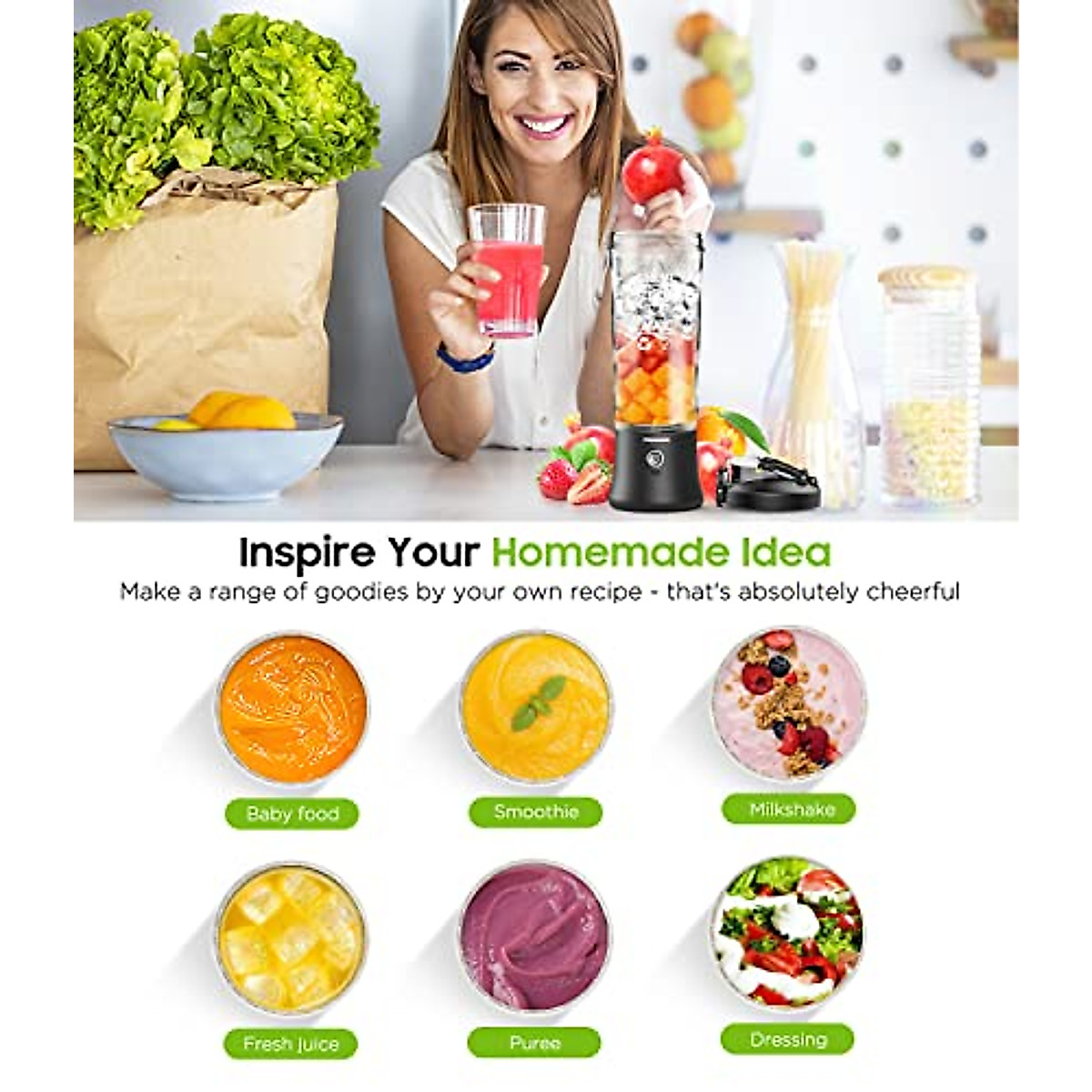 ＭoKo Portable Blender, 270 Watt Personal Blender for Shakes and Smoothies,21OZ Personal Blender USB Rechargeable with 6 Blades, BRA Free, Smoothie Blender for Kitchen Sports Travel and Outdoors,Black