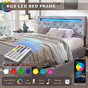 HOMFAMILIA Queen LED Bed Frame with 4 Storage Drawers and 2 USB Ports, Modern Adjustable Upholstered Button Tufted Headboard, Solid Wooden Slat Support, No Box Spring Needed(Light Grey)