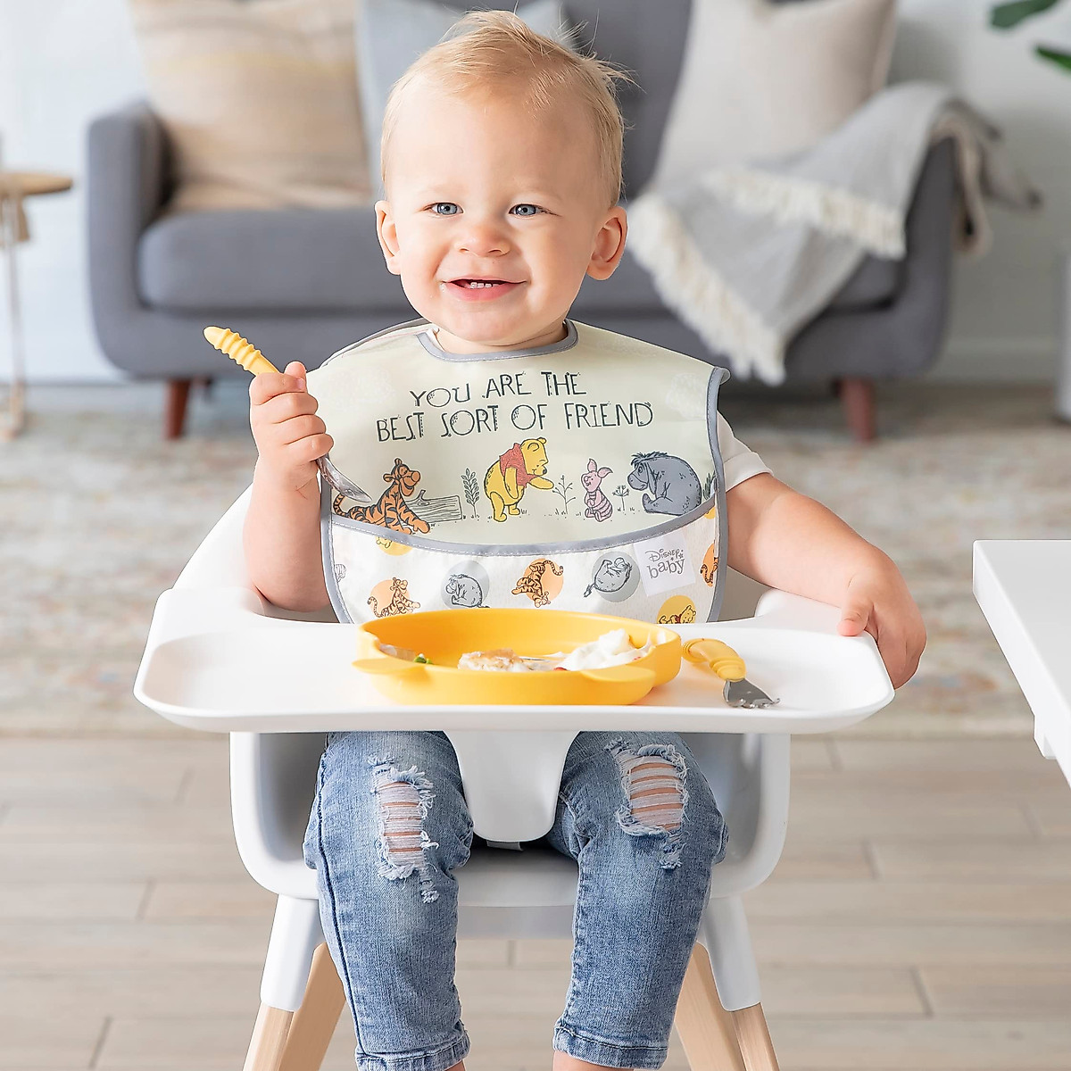 Bumkins Disney Bibs for Girl or Boy, SuperBib Baby and Toddler 6-24 Months, Essential Must Have for Eating, Feeding, Baby Led Weaning, Mess Saving Waterproof Soft Fabric, 3-pk Pooh Bear and Friends