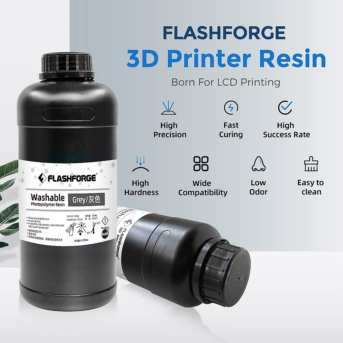 FLASHFORGE Water Washable 3D Printer Resin, 1000g Grey LCD UV Fast Curing Resin, 405nm Standard Photopolymer Resin for LCD 3D Printing