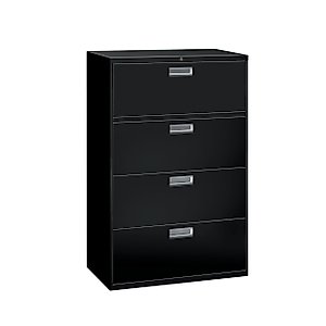 HON Adjustable Hangrails for A4, Legal, Letter Files Lock-600 Series Lateral Office Storage Locking Metal Cabinet 36" W x 18" D, 4 Drawers, Black