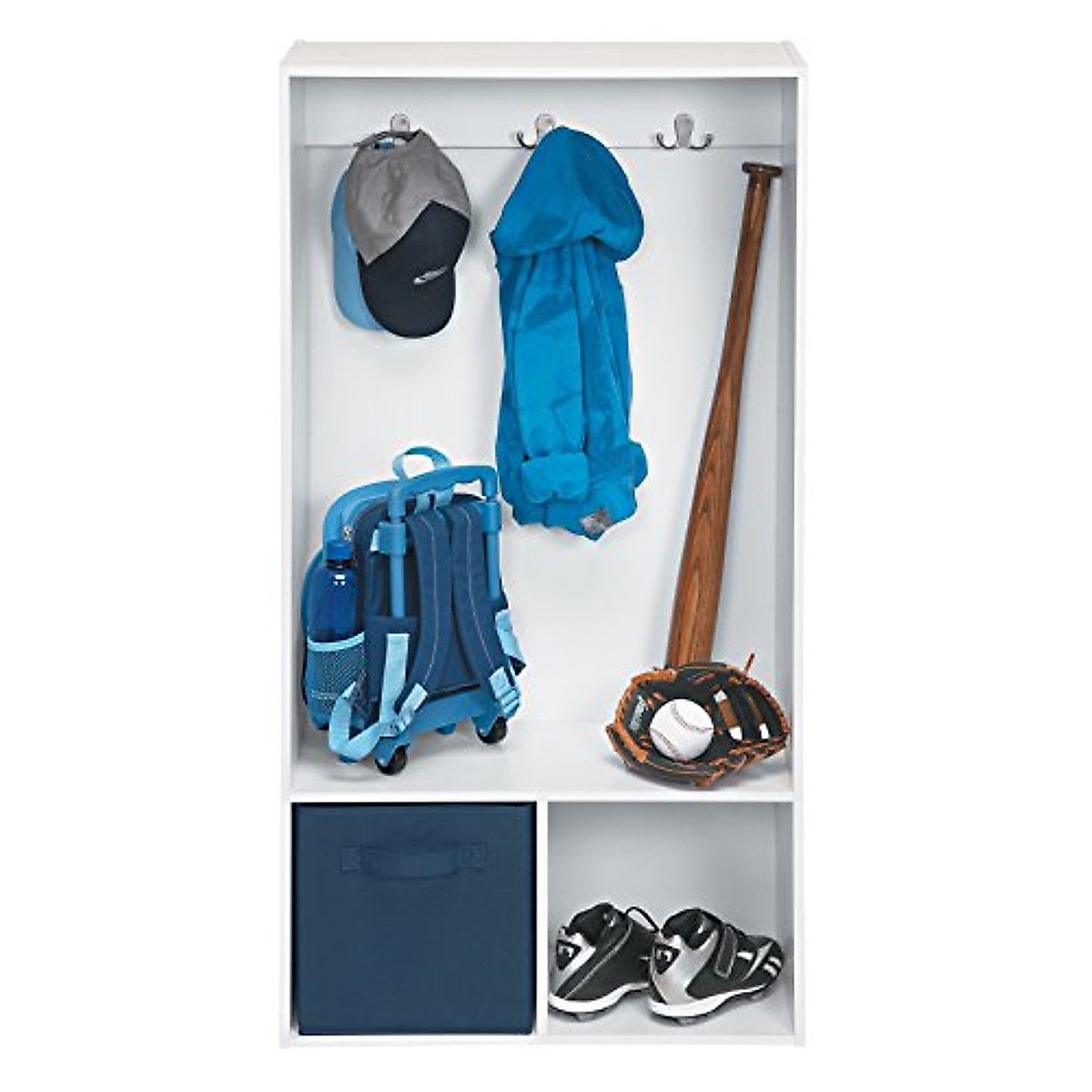 ClosetMaid KidSpace Wood Locker, 2 Cubby Cube Compartments Open Storage, 3 Hooks, for Coats, Backpacks, Jackets, White Finish, 47-Inch