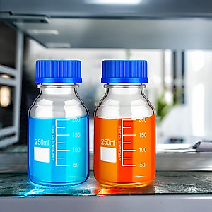 Chuarry 16 Pieces Media Storage Bottles Borosilicate Storage Glass Bottle Scientific Round Graduated Media Bottle with Blue Gl45 Screw Cap for Lab Water Reagent Liquids (250 ml)