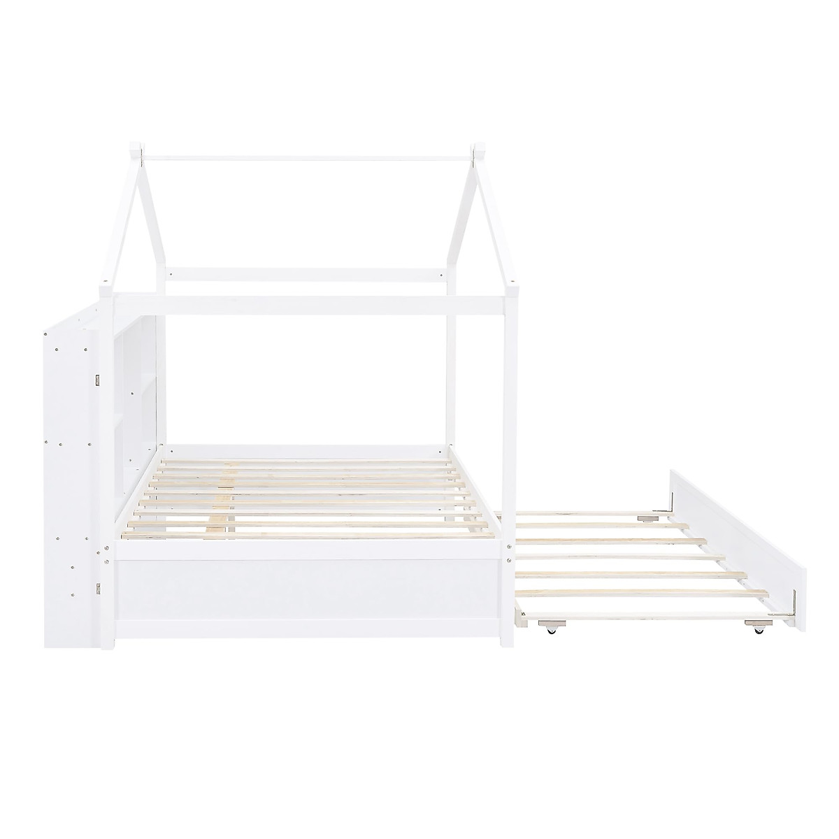 Harper & Bright Designs Full Size House Bed with Trundle, Wood Full House Bed with Storage Shelves, Full Montessori Bed for Kids with Roof for Girls, Boys,Brushed White