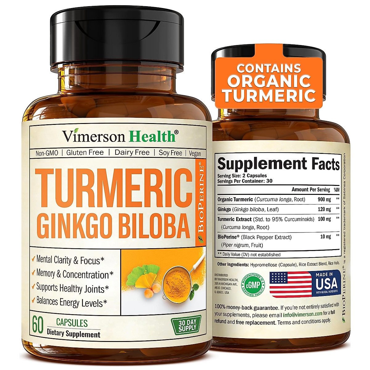 Turmeric Curcumin with Black Pepper and Ginkgo Biloba supplements. Natural Turmeric Supplement with Organic Tumeric to aid Joint Health, Brain Clarity, Focus, Memory, and Concentration. Vegan. 60 Caps