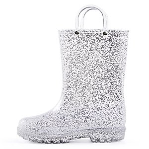 K KomForme Girls Rain Boots,Kids Glitter Waterproof Boots with Easy-on Handles Silver