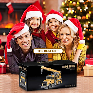 QuirkyGlee Remote Control Crane Truck Toy, RC Crane Truck 7 Channel 1:24 Construction Vehicles Toys，with One-Touch Lift Sounds & Lights, Two Rechargeable Batteries, Kids Cranes Toy for Boy Gift