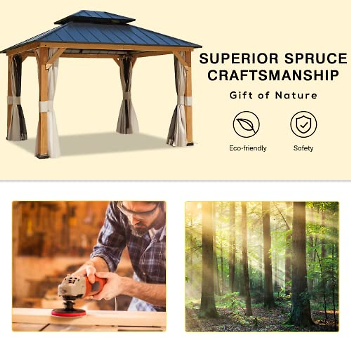 YOLENY 11' x 13' Spruce Wood Gazebo, Outdoor Hardtop Gazebo with Privacy Curtains and Mosquito Netting for Patio, Garden, Backyard, Poolside