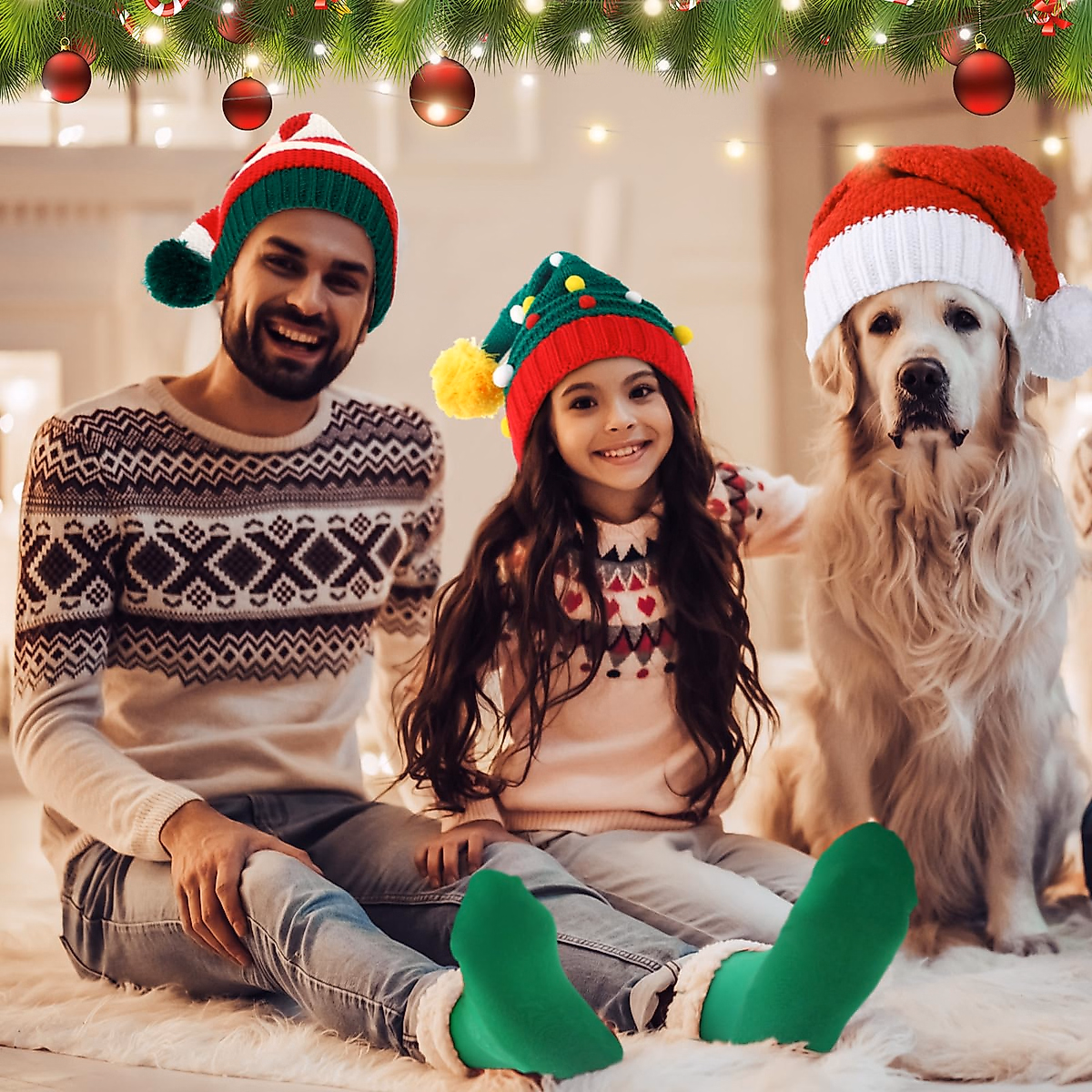 Liitrsh 12 Pcs Christmas Knitted Hat Long Striped Socks Set 6 Pcs Santa Xmas Beanie Winter Knitted Cap 6 Pair Thigh High Christmas Socks Striped Stockings for Women and Girls Gift, Multicolor