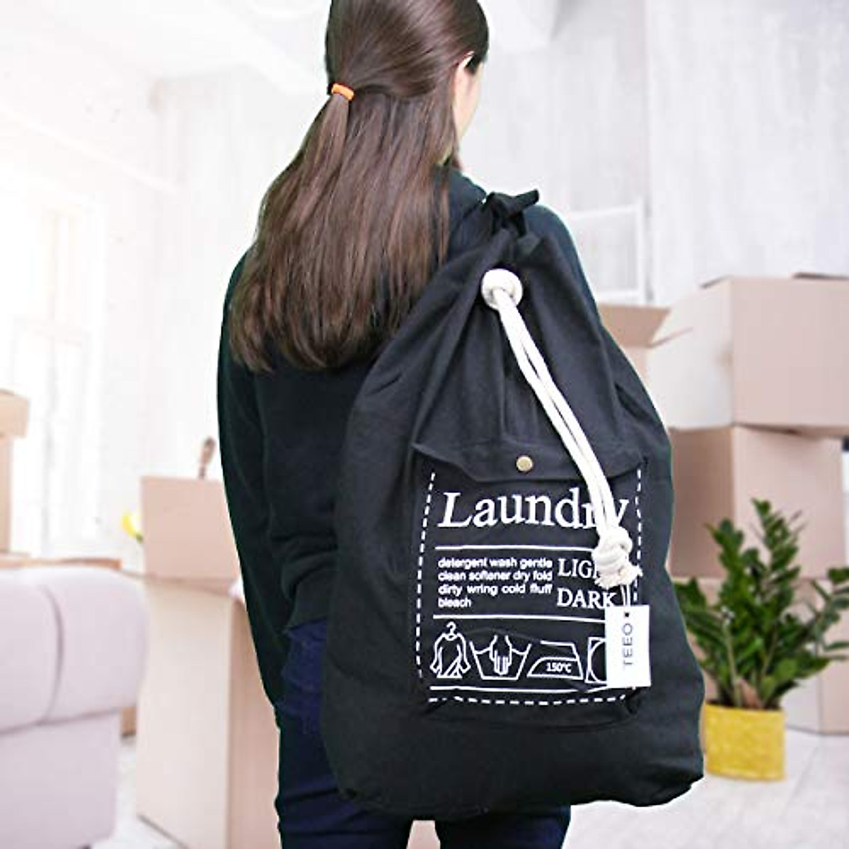 Teeo - College Laundry Bag - Dorm Room Essentials for College Students - Laundry Bag for Travel - Dirty Clothes Bag - Backpack Large 25”X20” Drawstring 100% Sturdy Cotton Canvas (1, Black/White)