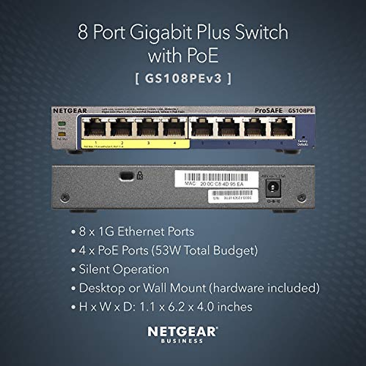 NETGEAR 8-Port PoE Gigabit Ethernet Plus Switch (GS108PEv3) - Managed, with 4 x PoE @ 53W, Desktop or Wall Mount, and Limited Lifetime Protection