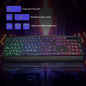 KOPJIPPOM Backlit Wired Keyboard - Large Print Computer Keyboards with Rainbow Backlight, Silent USB Wired Keyboard, Light Up Keyboard for Computer, PC, Gaming - Easy to See and Type