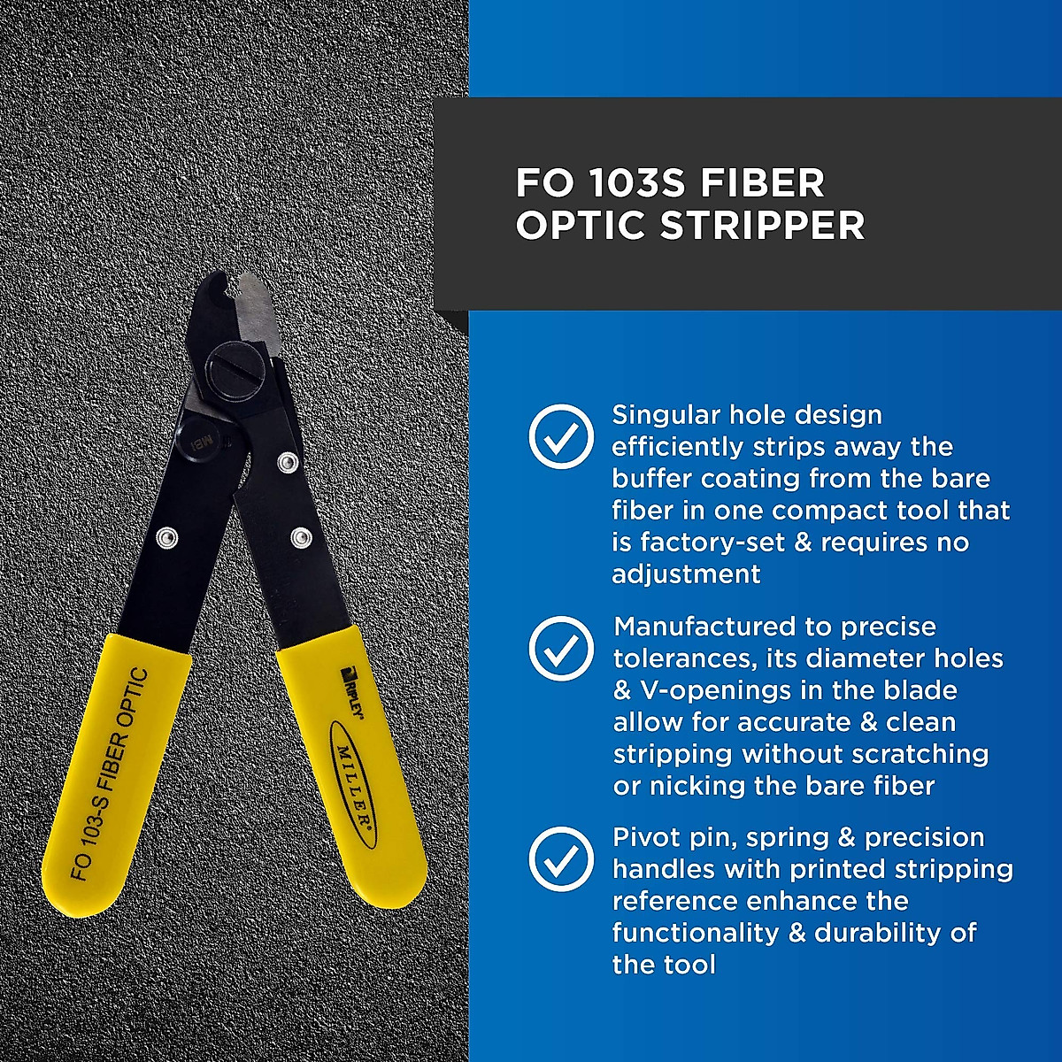 Miller FO 103-S Series Single Hole Fiber Optic Stripper for Working Technicians and Electricians, Safe Cable Tool with V-Shaped Opening, Easily Portable Wire Strippers, 2.72 Ounces