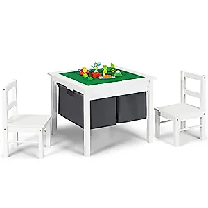 Costzon Kids Table and Chair Set, Children Wooden Activity Table w/Storage, Double-Sided Building Block Tabletop, Drawers, 2 Chairs for Preschool, Nursery, Kindergarten, Toddler Table & Chair (White)