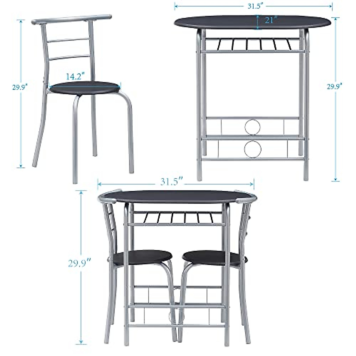 VECELO 3 Piece Wood Round Table & Chair Set for Dining Room Kitchen Bar Breakfast, with Wine Storage Rack, Space Saving, 31.5", Black and Silver