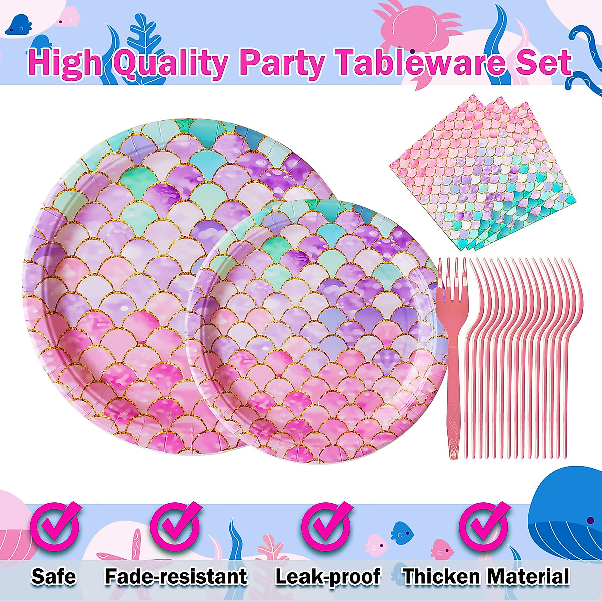 Mermaid Party Decorations, Jestar 96 Pcs Mermaid Birthday Party Supplies Plates and Napkins for Girls Baby Shower Mermaids Birthday Party Bachelorette Party Wedding Bridal Shower Decorations Serves 24
