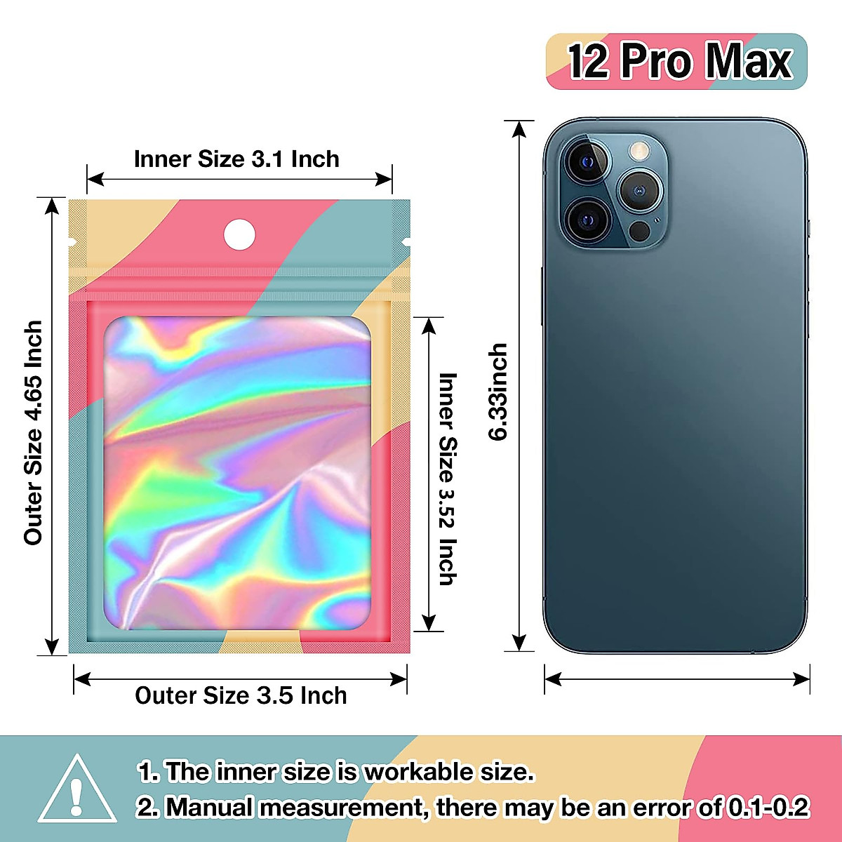 VEEMOS 100 Pieces Resealable Bags with Clear Window, Holographic Multicolored Packaging Bags Transparent Small Business Party Mylar Ziplock Bags 3.5 Inch Sample Bags