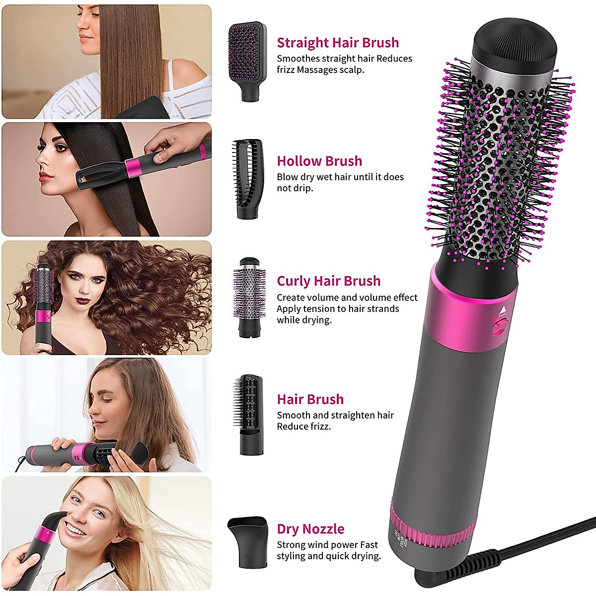 Hot Air Brush Hair Dryer Brush - 5 in 1 Hair Dryer Hot Air Brush Styler Blow Dryer Brush in One,Negative ​Ion/1200W/3 Temp/,One Step Hair Dryer and Styler for Straightening/Curling/Volumizer (Black)