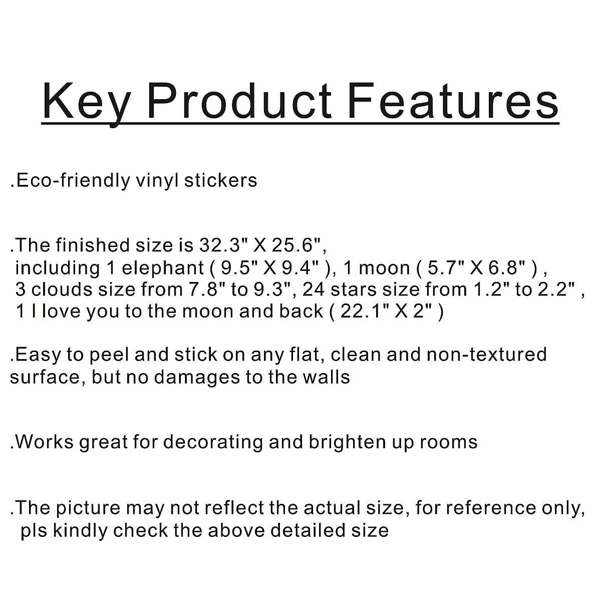 DDK I Love You to The Moon and Back Elephant Baby Kids Wall Decals Moon Stars and Clouds Space Wall Art Decals (White)