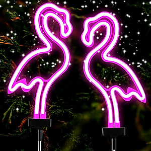 Hortsun 2 Pack Flamingo Solar Lights Outdoor Flamingo Neon Light Yard Flamingos Pink Flamingo Waterproof Decorations Flamingo Lights for Garden Patio Yard Pathway Decoration