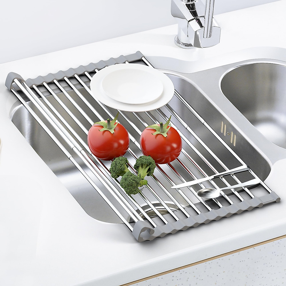 cycleacc 13"- 24" Roll Up Dish Drying Rack, Expandable Over The Sink Dish Drainer Drying Rack, Large Folding Collapsible Stainless Steel Roll Up Dish Drying Rack, Kitchen Foldable Over Sink Organizer