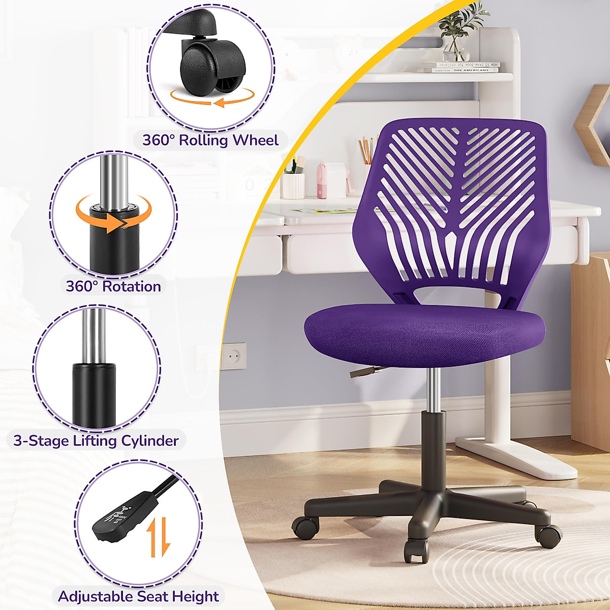 Yaheetech Students Cute Desk Chair Low-Back Armless Study Chair w/Lumbar Support Adjustable Swivel Chair in Home Bedroom School, Purple