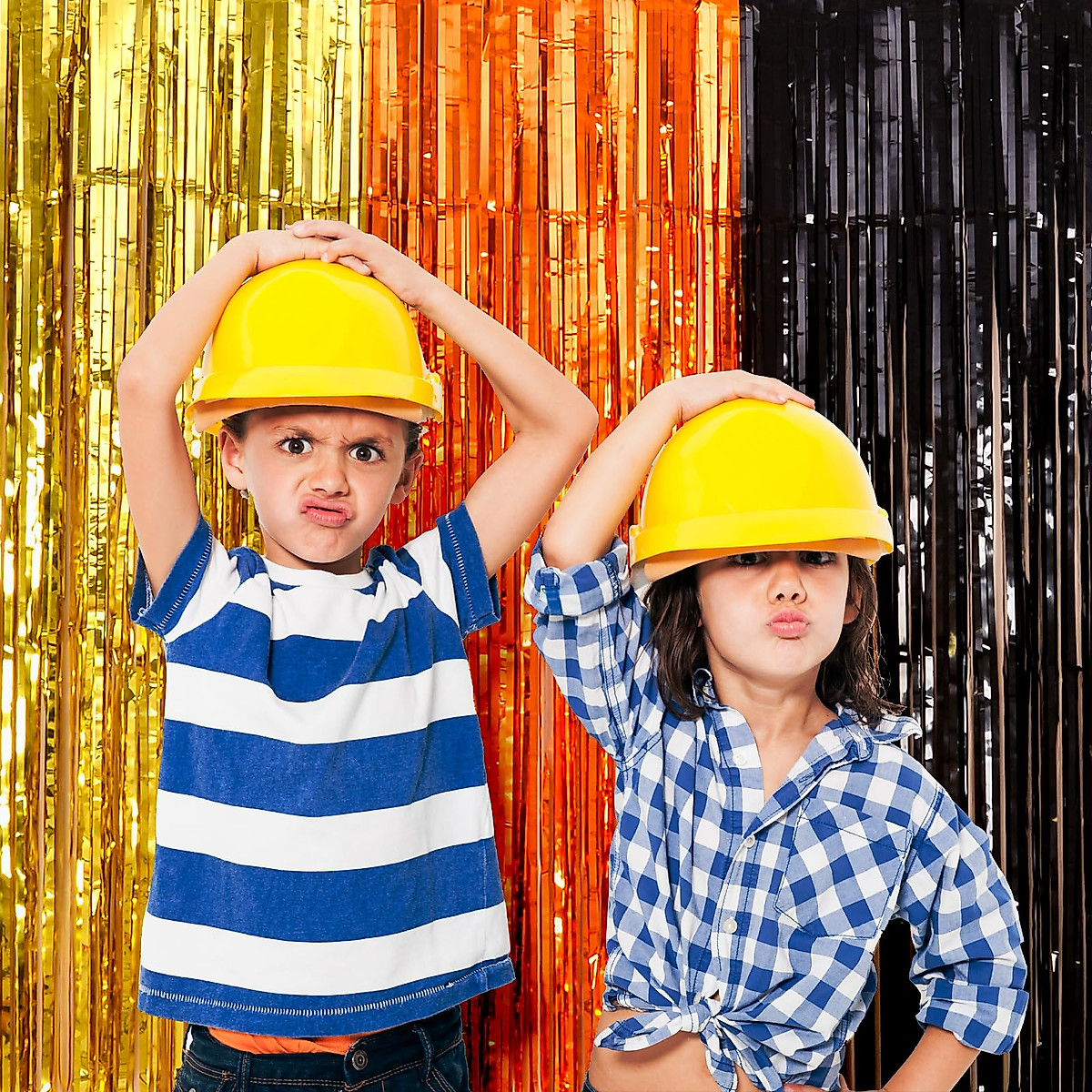 LOLStar 2 Pack Construction Foil Fringe Curtains, Construction Birthday Party Supplies, 3.3x6.6 ft Yellow Orange and Black Tinsel Photo Booth Prop, Streamer Backdrop for Construction Party Decoration