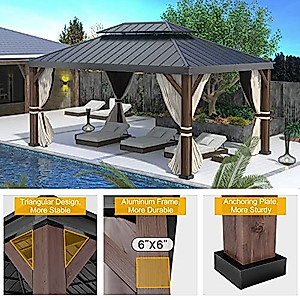 OLILAWN Gazebo 12x16, Hardtop Gazebo with Wood Finish Aluminum Frame, Galvanized Steel Double Top Gazebo with Ventilation, All-Weather Metal Gazebo with Netting and Curtains, for Patios Gardens Lawns