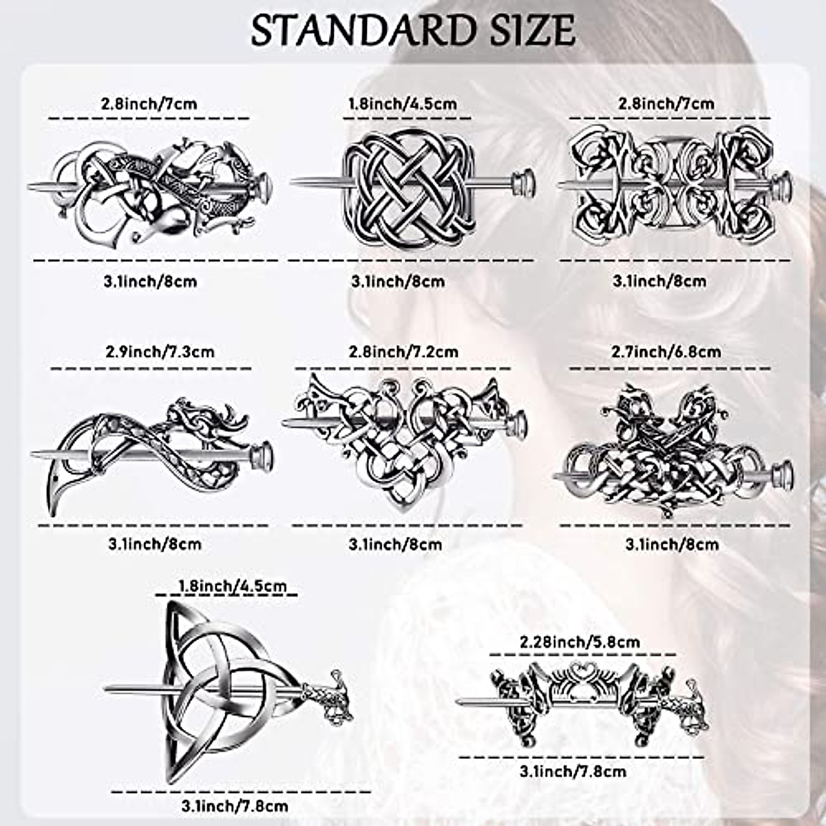8 Pcs Viking Celtic Hair Clips Vintage, Silver Slide Hairpins Alloy Knot Hair Sticks Viking Metal Hair Barrette, Accessories for Girls Women Halloween Christmas Gift