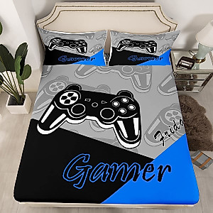 Feelyou Kids Gamer Bed Sheets Set Boys and Girls Gaming Bedding Set Video Game Controller Fitted Sheets 4Pcs Sheets Includes 1 Sheet & 1 Flat Sheet with 2 Pillowcases Blue Black (King)