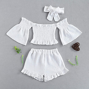 Kids Toddler Baby Girls Off Shoulder Flare Sleeve Tube Crop Top Shirt Ruffle Shorts Headband 3 Piece Summer Outfits (White,3-4T,)