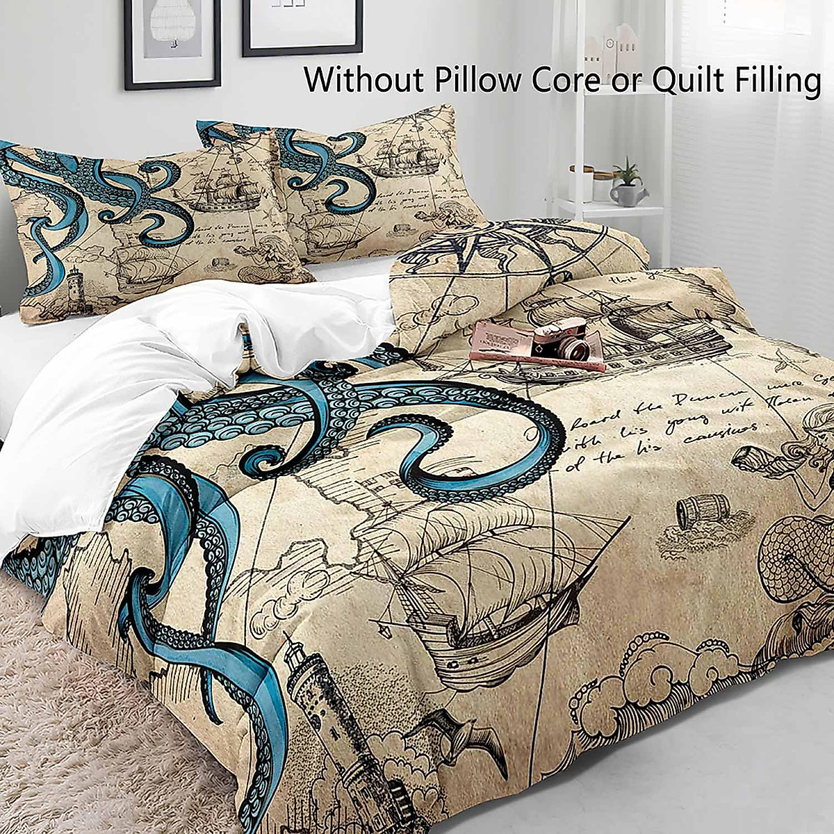 LUVIVIHOME 3PCS Ocean Octopus Duvet Cover Queen Bedding Sets, Nautical Coastal Sailboat Lighthouse Mermaid Teal Kraken Tentacles Marine Sea Animal Vintage Brown Comforter Quilt Cover, 2 Pillow Cases