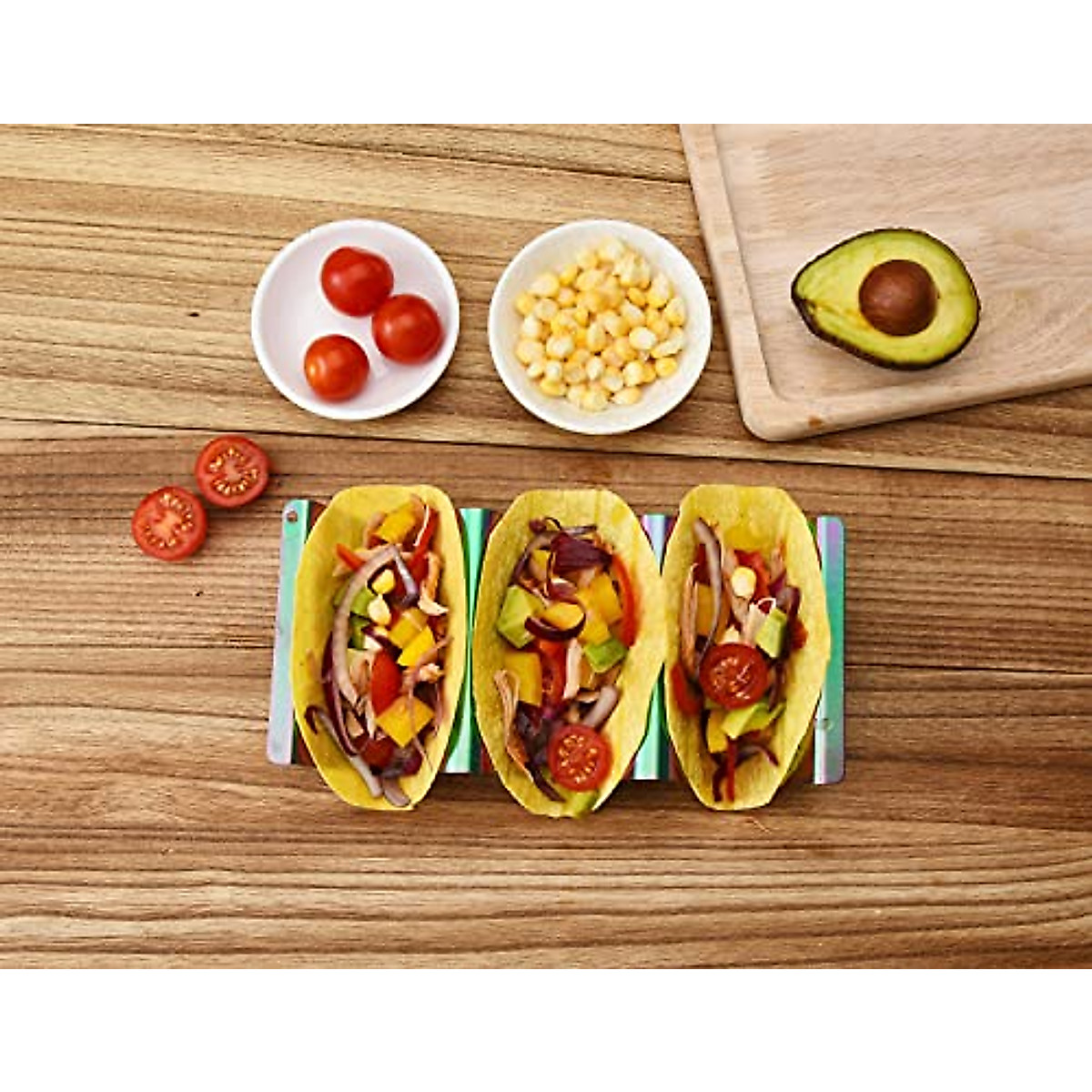Taco Holder Set of 4 -Taco Tuesday Taco Stand Tray by Titanium Plated Stainless Steel-Perfect for Burritos Nachos Fajitas-Beautiful Colors