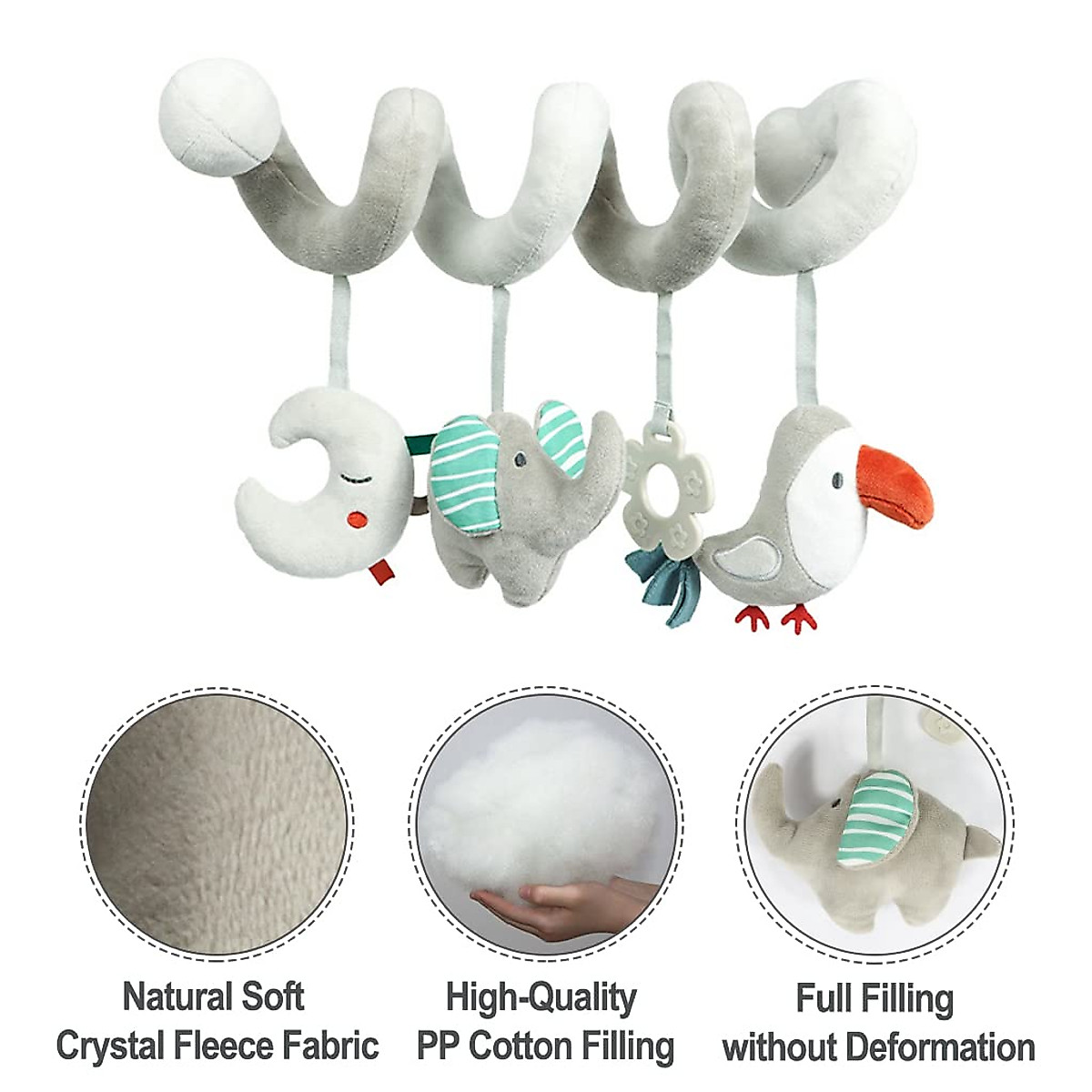 Blublu Park Baby Car Seat Toys, Activity Spiral Plush Hanging Wrap Around Pram Pushchair Stroller Toys, Sensory Early Education Toy for Toddler, Grey Elephant