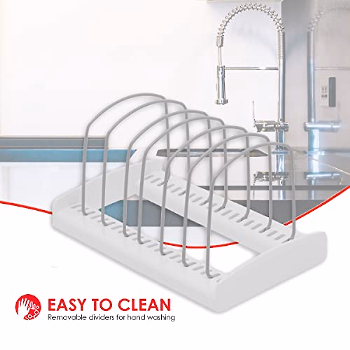 Home Basics Lid and Pan Adjustable Organizer, White | 6 Slots with Divider | Strong & Sturdy Metal Wires with Plastic Base