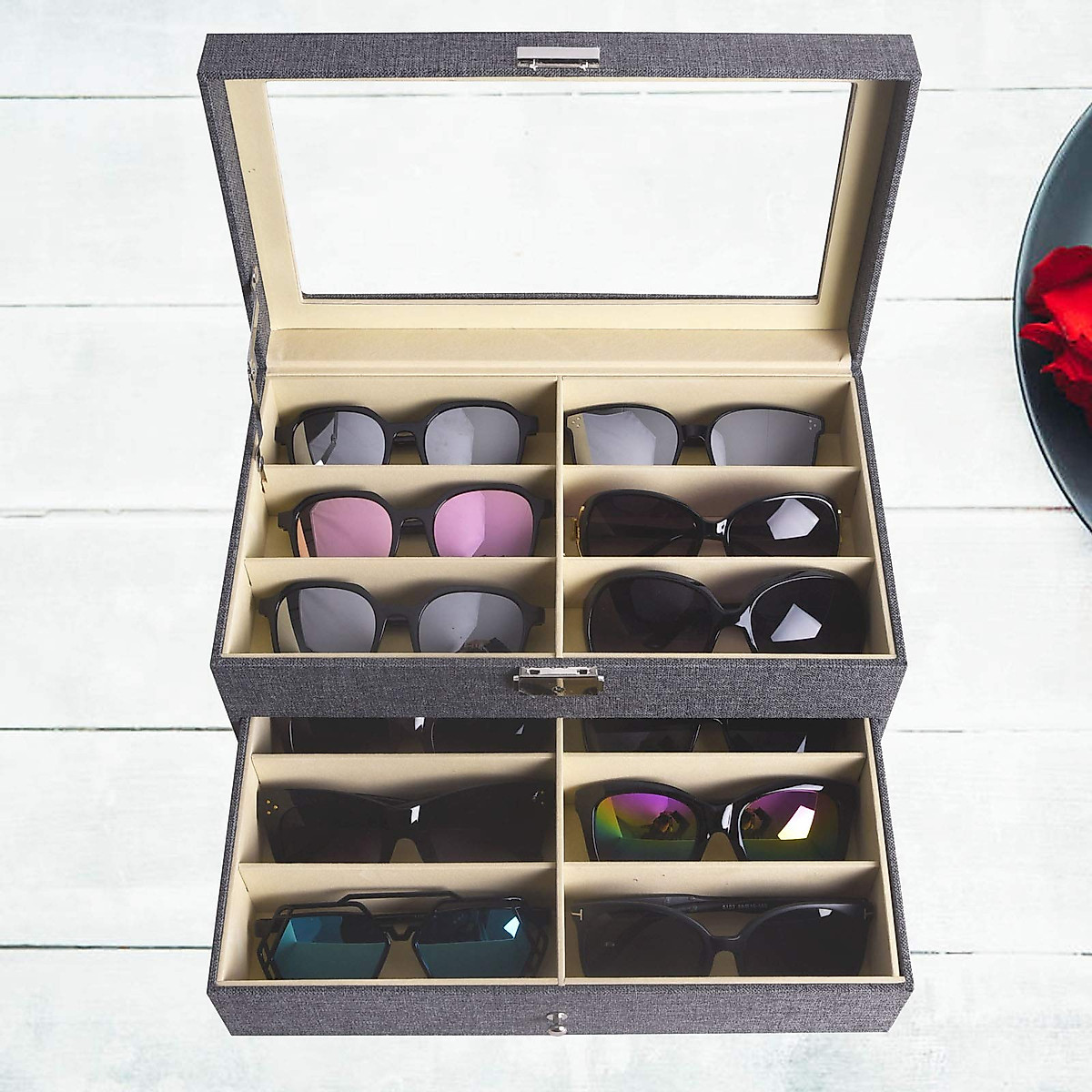 AUTOARK Linen 12 Piece Eyeglasses Storage and Sunglass Glasses Display Drawer Lockable Case Organizer,Grey,AW-096