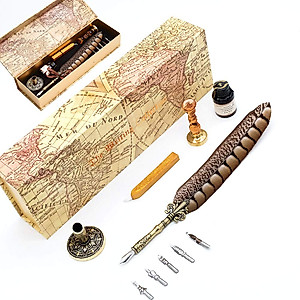 GC QUILL Antique Quill Pen Unique Half-Patterned Feather Pen Set with 6 Nibs 1 Bottle of Ink 1 Seal Stamp 1 Pen Holder 1 Sealing Wax LL-149