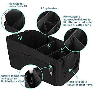 HEYSKAY Back Seat Car Organizer With Tissue Box Passenger Front Seat Organizer Car Caddy Organizer with Coffee Cup Drink Holder Toy Books Storage for Car (Black)