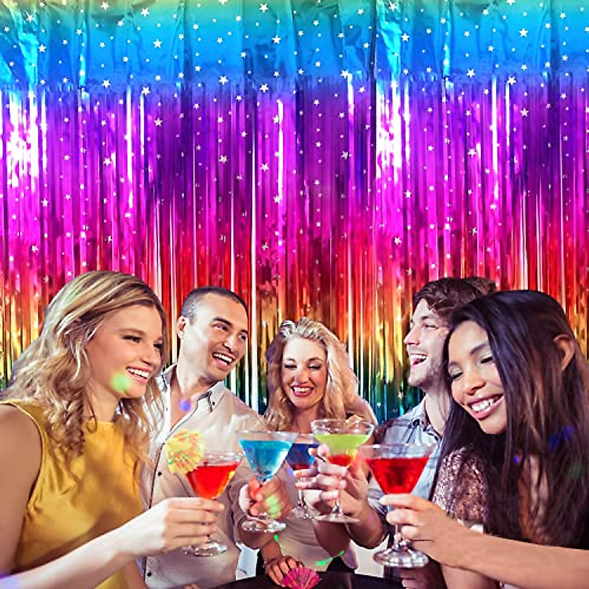 2 Pack Backdrop Curtain 3.3FT x 8.1FT Metallic Tinsel Foil Fringe Curtains Photo Booth Background for Birthday Party Baby Shower Wedding Engagement Bridal Decorations Sparkly Rainbow