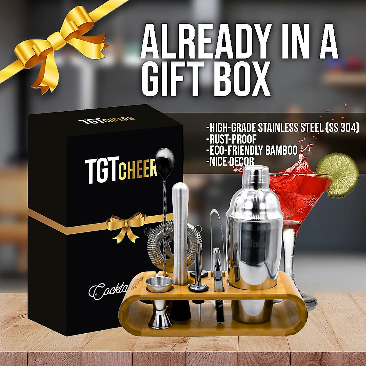 TGT CHEERS Cocktail Shaker Set with Stylish Bamboo Stand 11-pcs | Home Mixology Bartender Kit Gift Box | Cocktail Making Barware tool Set Mixer 25 oz Coctelera Perfect for Home Christmas Gift for him