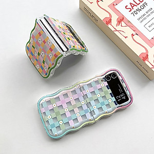 GO-VOLMON Curly Wave Frame Case for Samsung Galaxy Z Flip 5 Checker and Flower Print, Cute Woman Case for Galaxy Z Flip 5 Kawaii Beads Strap, Soft Floral Girly Case for Z Flip 5 Lovely and Fashion