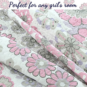 Cozy Line Home Fashions Light Purple Lavender Pink Floral 100% Cotton Reversible Quilt Bedding Set, Bedspread, Coverlet for Girls (Lilac Flower, Twin - 2 Piece)