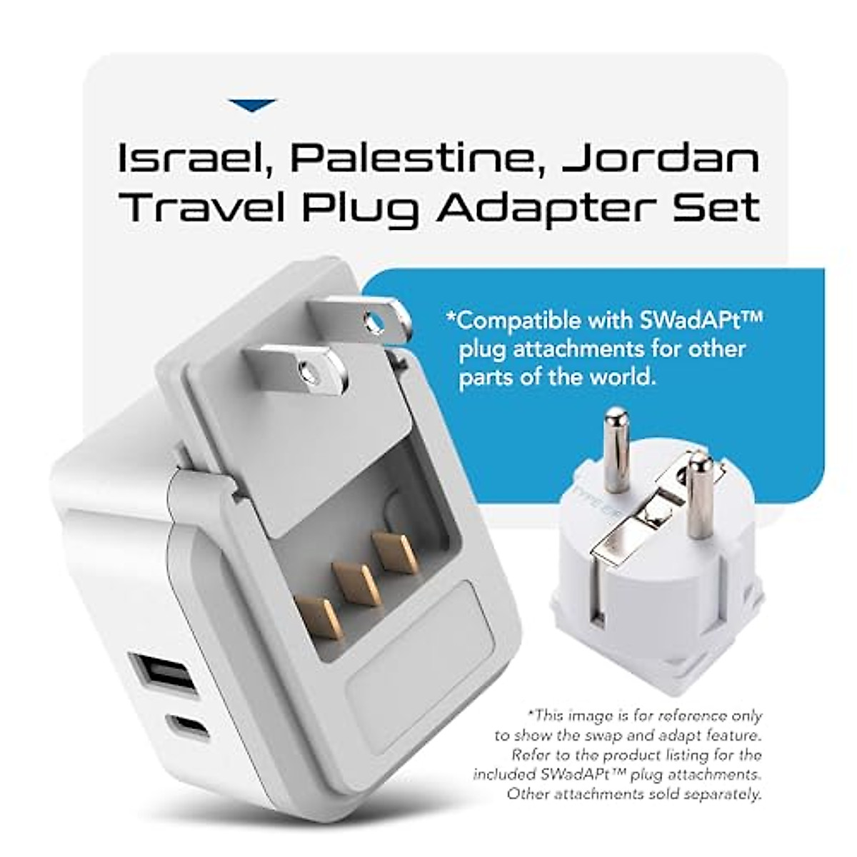 Ceptics Israel, Jordan Power Plug Adapter Travel, 20W PD & QC, Safe Dual USB & USB-C 3.1A -2 USA Socket - Use in Jerusalem, Palestine, UAE - Includes Type H, Type C, Type G Swadapt Attachments