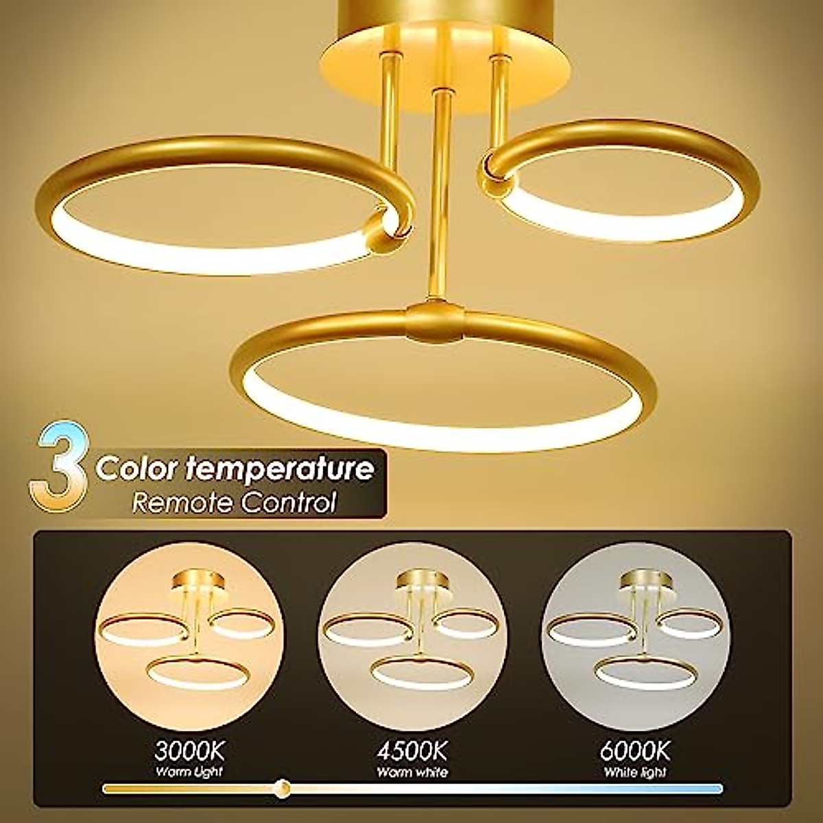 Cresmar 25W LED Ceiling Light with Remote Stepless Dimmable 3000-6000K，Modern Flush Mount Ceiling Lighting Fixture Memory Function 3 Rings Round Chandelier Ceiling Lamp for Bedroom, Living Room…