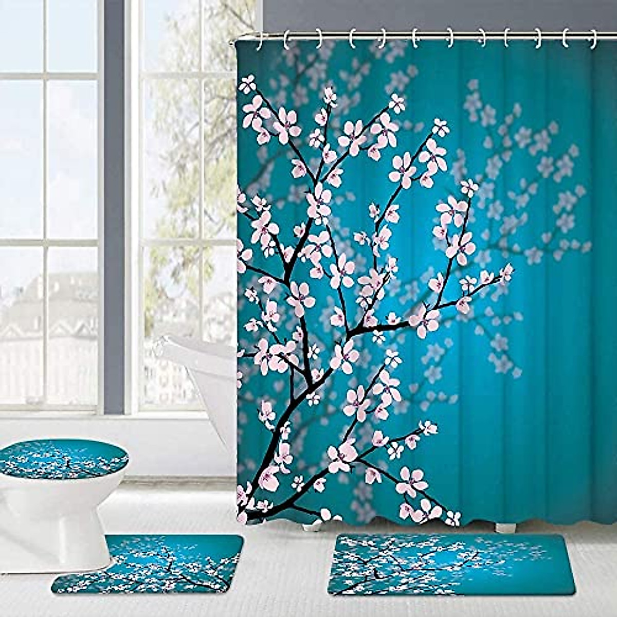 4Pcs Cherry Blossom Shower Curtain Set with Non-Slip Rugs and Toilet Lid Cover Pink Sakura Floral Blossom Teal Bath Curtains Plum Tree Bathroom Decor