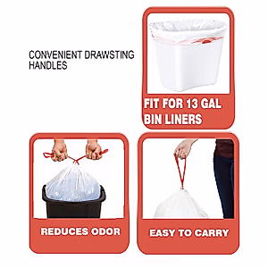 BEIDOU-PAC Trash Bags 13 Gallon Drawstring, 50 Count Garbage Bags, Tall Kitchen Trash Bags, Odorless & Extra Strength White Plastic Food Scrap Bag for Home Office Bathroom Kitchen Bins